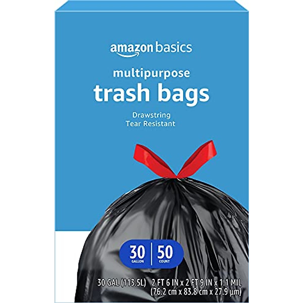 Amazon Basics Multipurpose Drawstring Trash Bags, 30 Gallon, 50 Count (Previously Solimo)