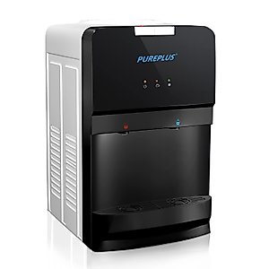 PUREPLUS Water Cooler Top Loading Countertop Water Cooler Dispenser, Hot & Cold Water, Child Safety Lock, Holds 3 or 5 Gallon Bottles, Compression Refrigeration Technology, Black