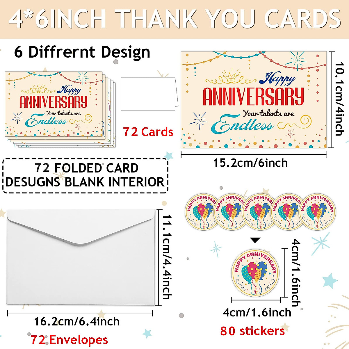 72Sets Employee Anniversary Cards Business Employee Thank You Cards Encouragement Work Team Greeting Cards 6 Different Design Card Notecards Staff Appreciation Anniversary Cards including 36Pcs