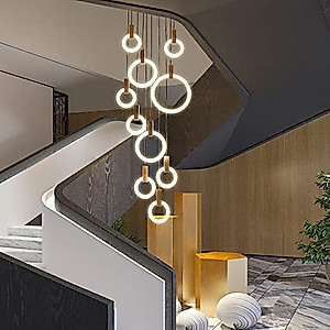 JAYMP 10 Rings Stair Chandelier High Ceiling Modern LED Acrylic Circle Wooden Nordic Art Pendant Lighting Long Chandeliers White Living Room Restaurant Hotel Hallway Entrance Staircase