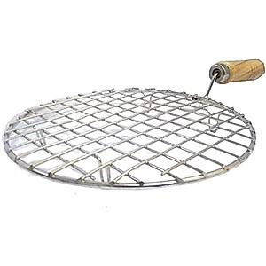 Steel Roasting Roti Jali Wooden Handle with Tong and Pincer Set Roaster,Cooking Rack,Papad Grill,Chapati Grill,Roaster,Food Tong (Round Jali with Wooden Handle)