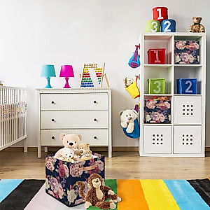 KOBLEN Peony Pattern Square Storage Basket Collapsible Storage Box Clothes Basket 13x13 Inch Large Cube Storage Bin With PU Leather Handle for Home Office Closet Shelves