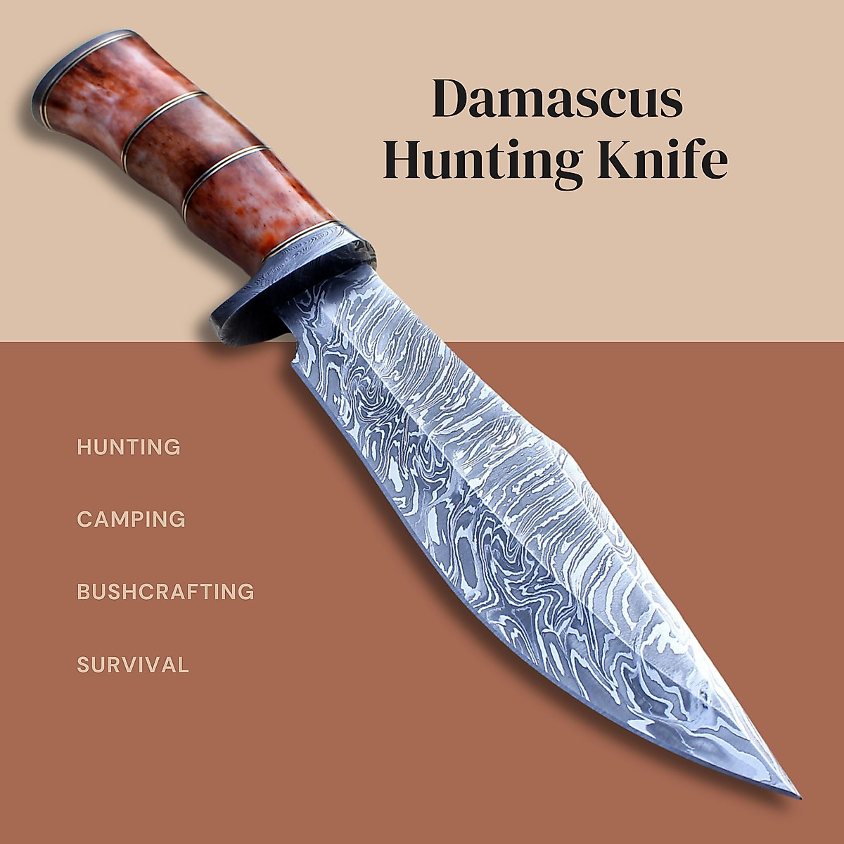 JNR Traders Fixed Blade Knife, Full Tang Damascus Knife for Hunting Camping Survival, Bowie Knife with Leather Sheath 0077