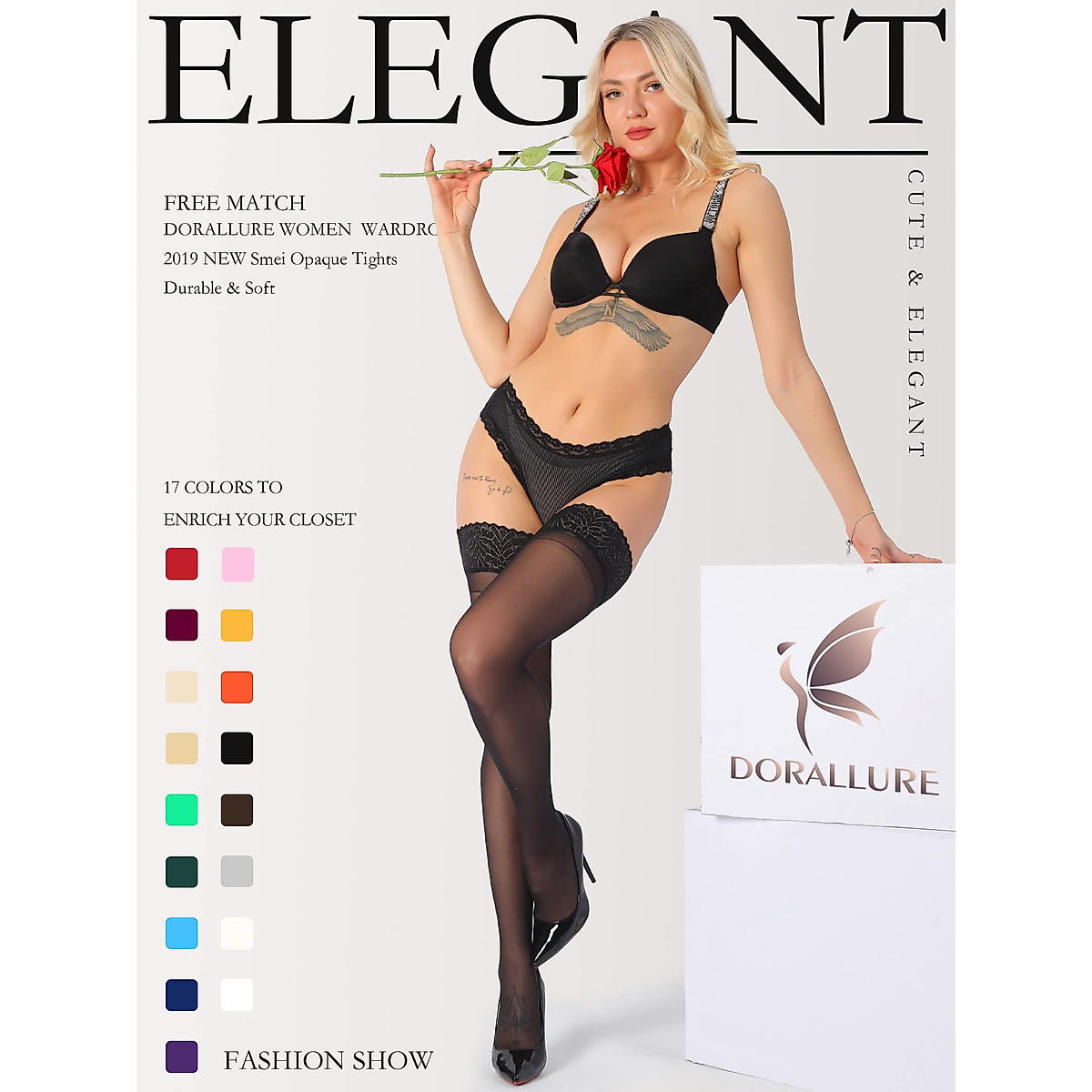 DORALLURE Thigh High Stockings Silicone Lace Top Stay Up Silky Semi Sheer Pantyhose for Women Hold Up Nylon,Black