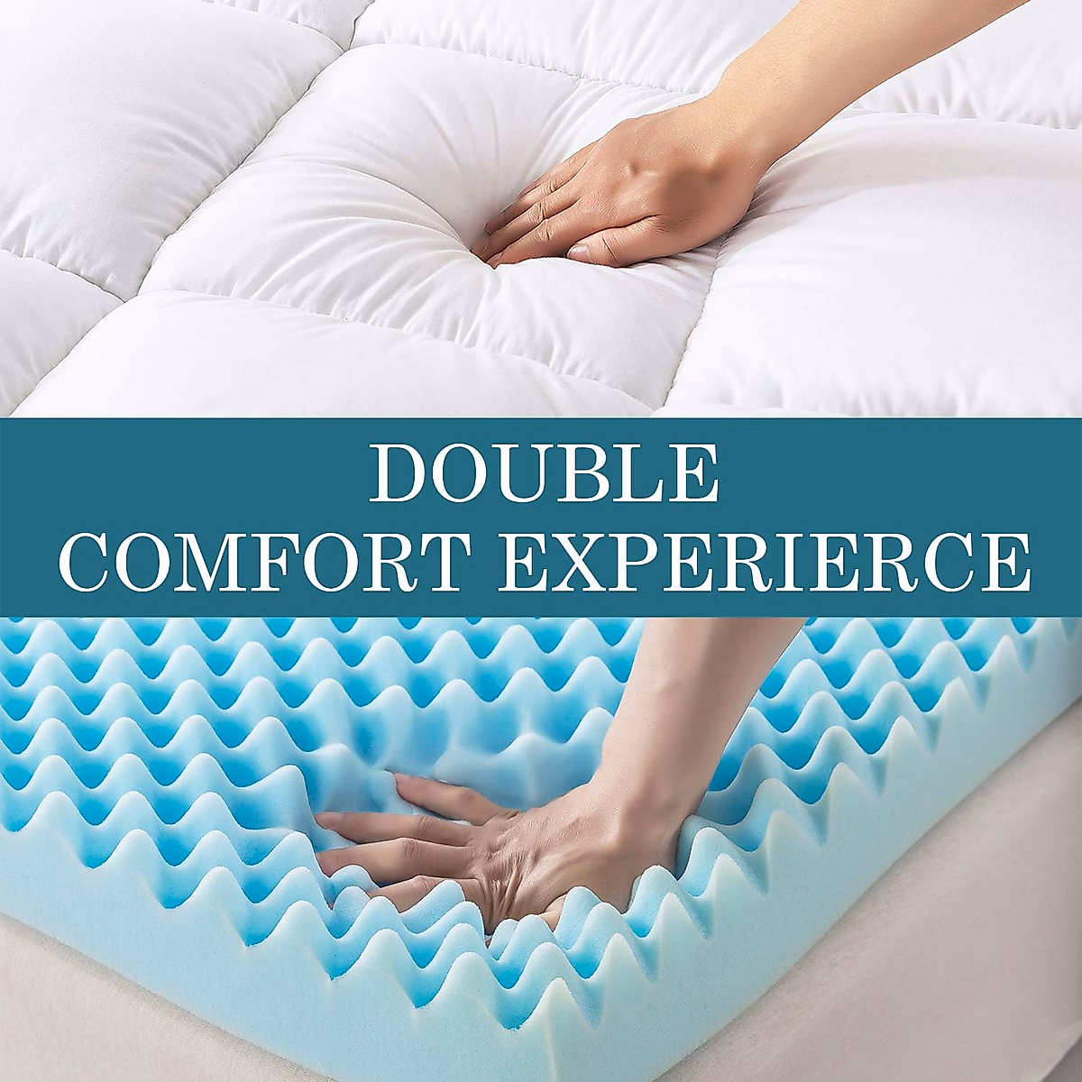 Whatsbedding Dual Layer 4 Inch Memory Foam Mattress Topper Queen Size, 3 Inch Memory Foam Plus 1 Inch Pillowtop Mattress Pad Filled 7D Down Alternative, Cooling Fiber Cover, Comfort Support