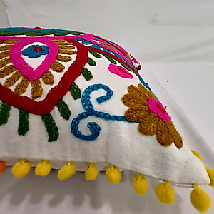 Trade Star 100% Cotton Embroidered Pillow Cover Beautiful Pom Pom Pillow Cover Fall Decor Cushion Cover Decorative Hand Design 16x16 Inches Modern Sofa Throw Pillow Cover for Home Decor