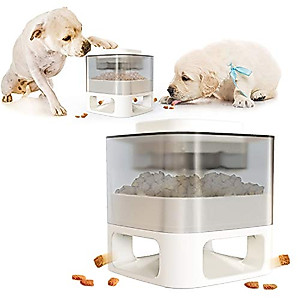 Pet Instant Non-Electric Automatic Dog Fun Food Catapult Dispenser, Square Transparent Visible Granary Slow Feeder for Pets, with Anti-Slip Rubber Pad for Cats Dogs Toys White