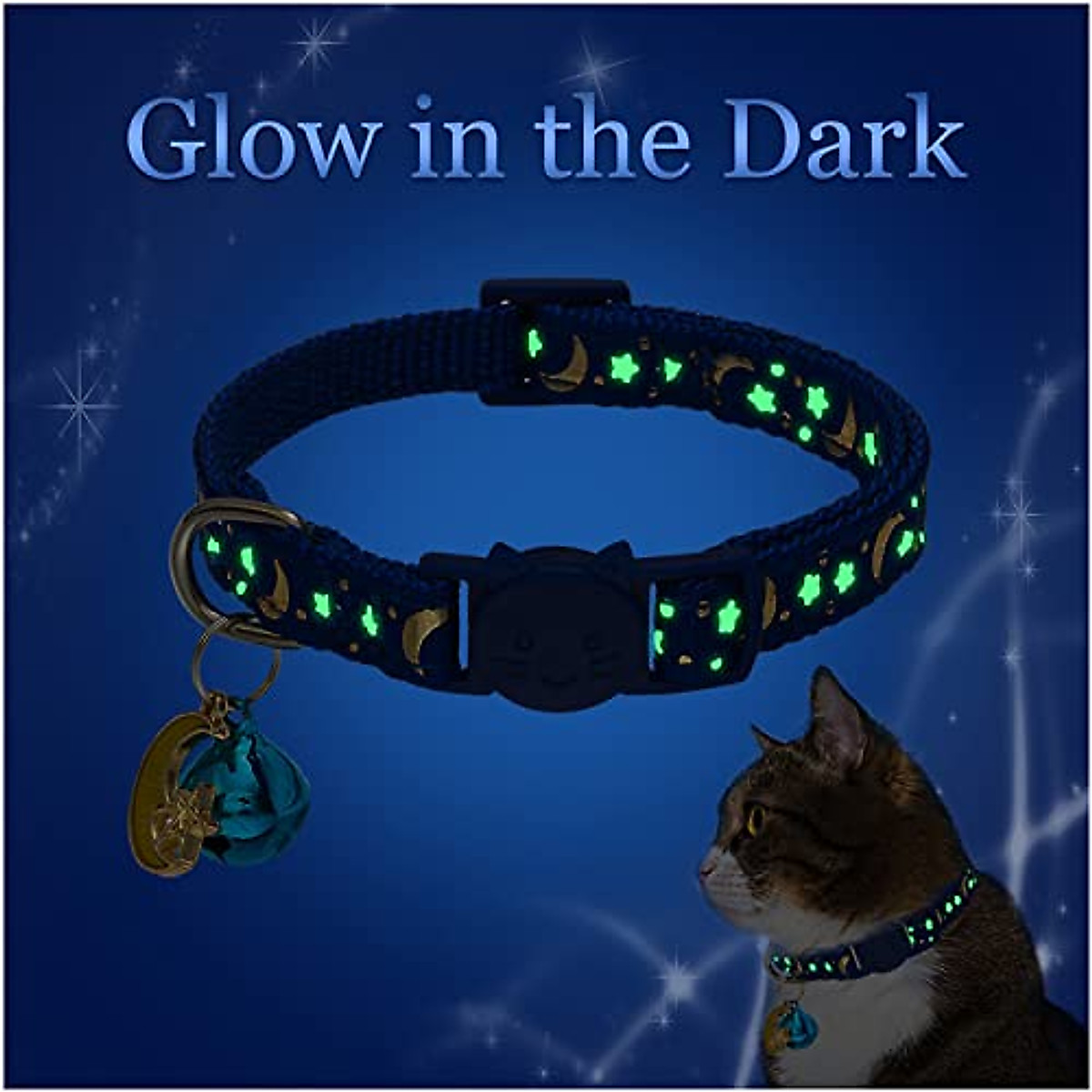 KOOLTAIL Cat Collar Breakaway with Bells - 6 Pack Glow in The Dark - Stars & Moon Charm Pendent Pet Reflective Collars Ideal for Kitten Cats Puppy