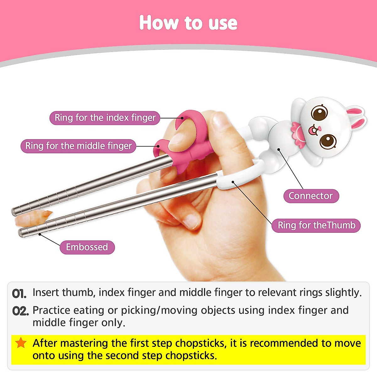 Edison Friends Rabbit Stainless Steel Chopsticks, Spoon, Fork and Case 4 Set, Chopsticks Training, Beginner, Brain Training (White Rabbit) Right Handed/Made in Korea