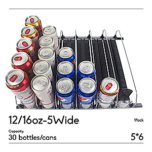 CNDSE Soda Can Organizer for Refrigerator,Spring Loaded Fridge Drink Organizer,Width-adjustable Push Rod Slide Rail Drink Dispenser for Refrigerator,Black (14.9in-6)