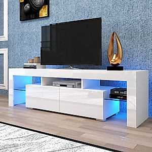 IKIFLY White Stand for 65+ inch TV, Modern LED TV Stand w/16 Colors&Remote Control Lights, High Glossy Cabinet w/Storage&2 Drawer, Entertainment Center for Living Room
