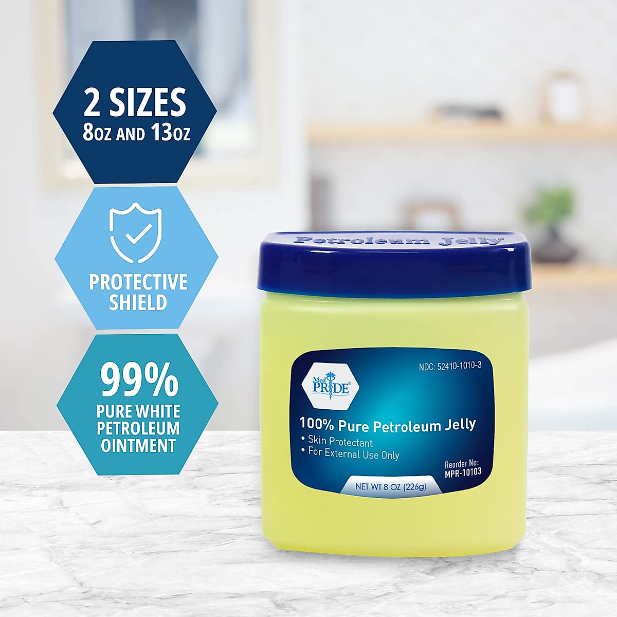 MED PRIDE Pure White Petroleum Jelly Tub 8 OZ - Effective Skin Protectant For Dry Skin, Rashes, Minor Burns & Wounds- Powerful Moisturizer For Chapped Lips, Dry Hands, Chaffed Skin & Diaper Rash