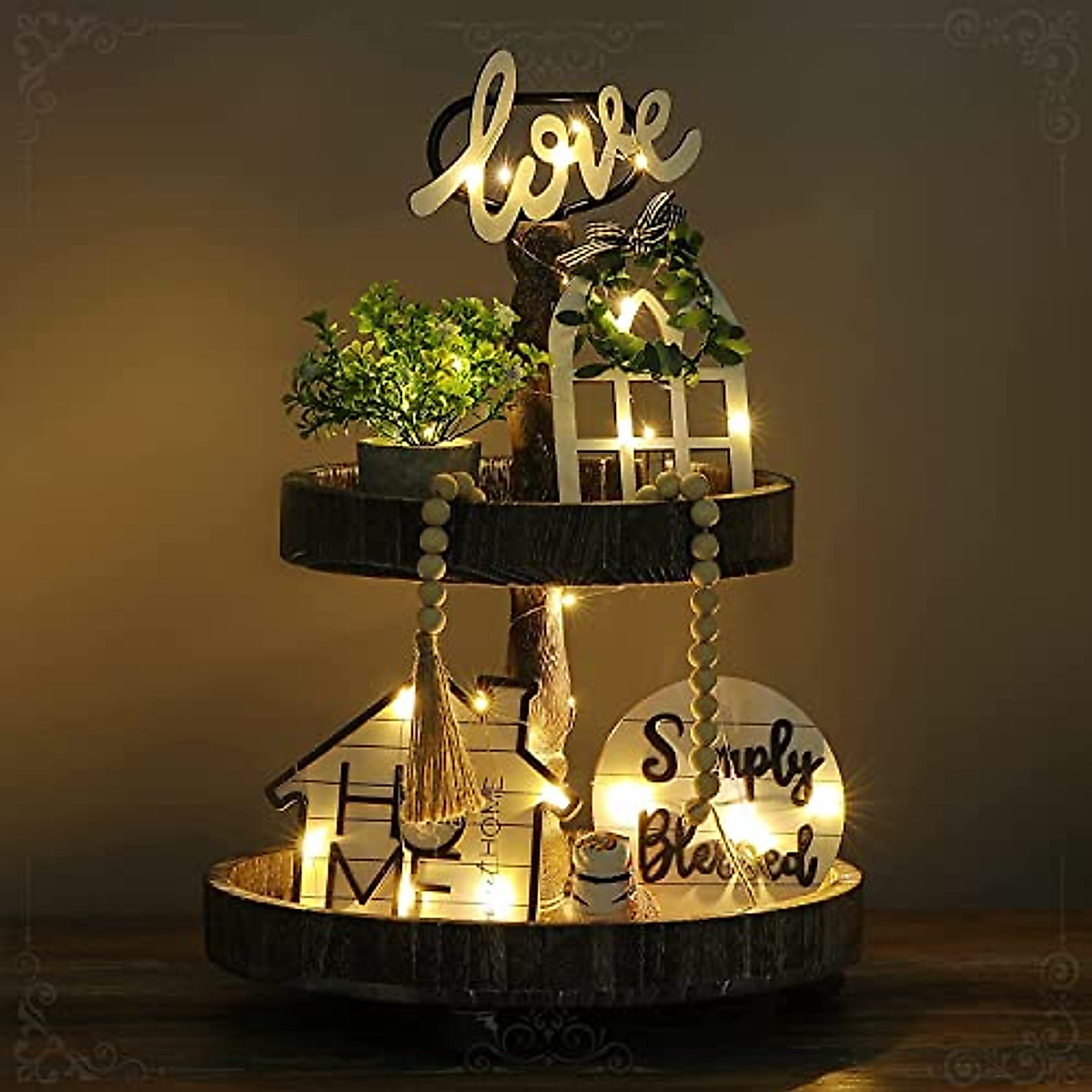 Tiered Tray Decor 11 Pieces, MCZTO Farmhouse Decor for Tiered Tray, White Exquisite Relief Design Sign Rustic Table Ornaments for Kitchen Table Decoration, Gift (Tiered Tray NOT Included)