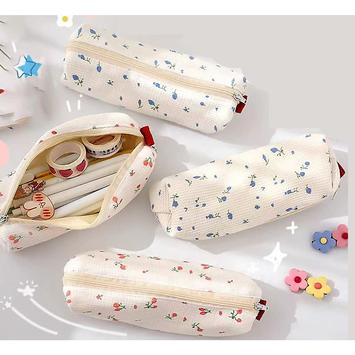 SHIDESHIN Cute Floral Pencil Case Holder Pens Pouch Bag, 2 Pack Portable Storage Case Bags Cosmetic Organization for Women(Pink and Blue)