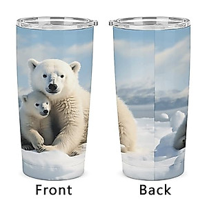 FHENMSA Stainless Steel Insulated Travel Coffee Mug,Cute Polar Bear Print Reusable Car Cup,Thermal Cup for Outdoor with Straw And Lid