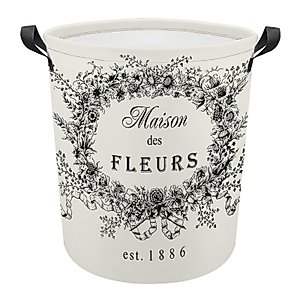 Vintage French Floral Laundry Basket Large Round Canvas Laundry Hamper with Handles Foldable Storage Bin for Dirty Clothes Hamper Bedroom Bathroom