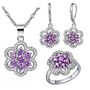 Uloveido Purple Cubic Zirconia Flower Earrings Necklace Ring Set for Women CZ Bridal Jewelry Sets for Bridesmaids T489 (Purple, Size 6)