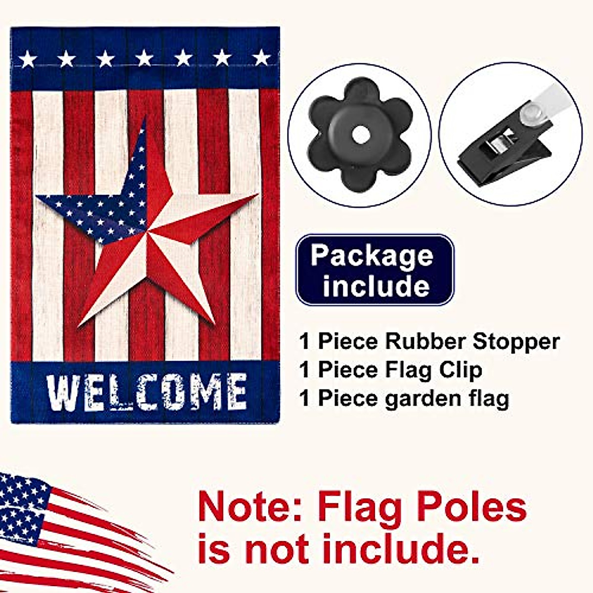 Whaline Patriotic Garden Flag American Stripe and Star Yard Flag Double-Sided Burlap Outdoor Flag with Windproof Clip for 4th of July Indepedence Day Memorial Day Home Farmhouse, 13 x 18 Inch