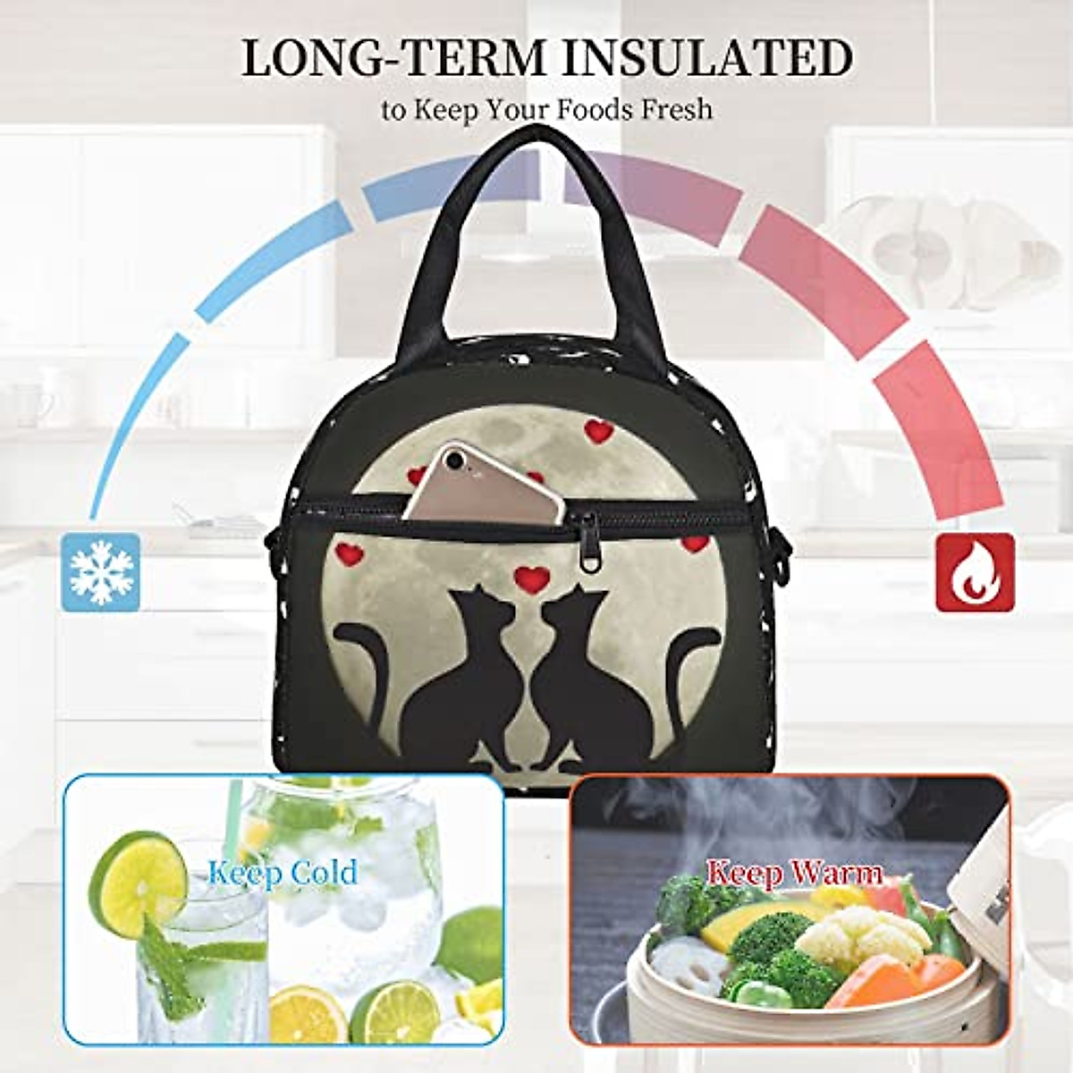 Cute Cats Lunch Bag Reusable Insulated Lunch Tote Bag Lunchbox Container With Adjustable Shoulder Strap For Office Work School Picnic Travel