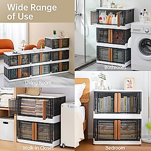 Joyoolife Folding Storage Bin with Lid, 3 PCS 25 Gallons (86Qt) Clear Folding Storage Cabinet with Doors,Collapsible Organizer with Wheels, Stackable Plastic Container for Quilts, Clothes, Books