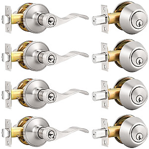 Probrico 4 Pack Keyed Alike Entry Handlset with Single Cylinder Deadbolts Combo Pack, Satin Nickel Door Lever for Front and Entrance Door, Interior and Exterior Entry Door Knobs Brushed Nickel