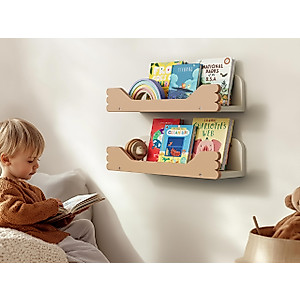 TomVista Nursery Floating Shelves, 16.5 Inches Cute Decorative Shelf for Bedroom, Kids' Room, Wall Mounted Wood Bookshelf Organizer for Wall Storage, White/Sandy Beige, Set of 3