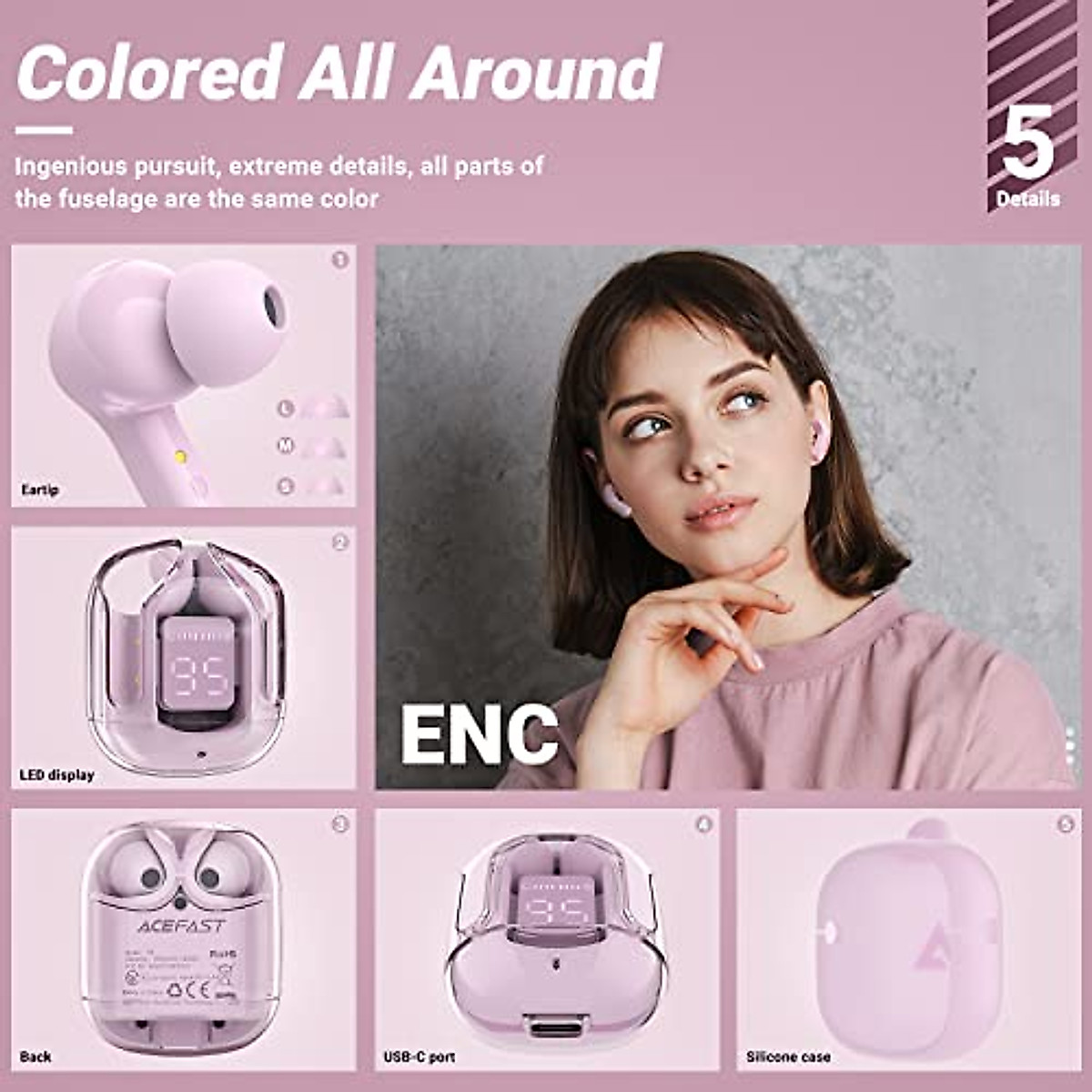 ACEFAST Wireless Earbuds, Bluetooth Headphones with ENC Noise Canceling Translucent Earphones, HiFi Dual Stereo Microphone Mini in-Ear Earbuds Touch Control with Charging Case and LED Digital Display