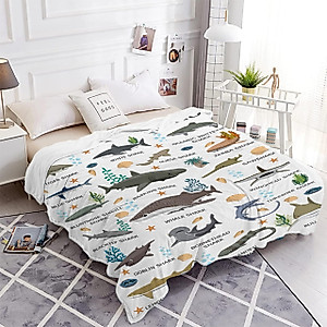 Shark Blanket Shark Gifts for Kids Boys Girls Shark Lovers Types of Sharks Plush Cozy Flannel Cute Animal Educational Throw Sheet 50" X 40" Decor for Couch Daycare Nap Birthday Decorations Bedroom