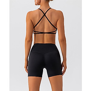 ABOCIW Workout Sets for Women Sexy Twist Front Cross Cross Back Sports Bra High Waist Biker Shorts 2 Piece Gym Yoga Outfits W-Black Medium