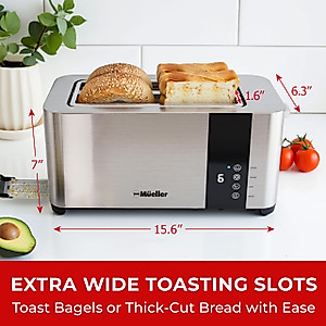 Mueller UltraToast Full Stainless Steel Toaster 4 Slice, Long Extra-Wide Slots with Removable Tray, Cancel/Defrost/Reheat Functions, 6 Browning Levels with LED Display