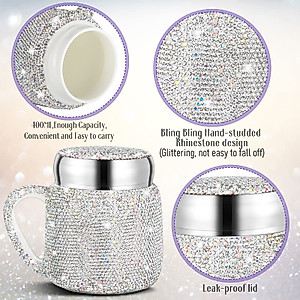 Meanplan Bling Rhinestone Coffee Mug for Christmas Gift Bling Water Bottle Rhinestone Ceramic Portable Travel Cup Crystal Coffee Cup with Lid and Handle for Women Office Home 13.5 oz (White)