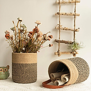 Goodpick 2pack Jute Rope Hanging Basket - 7.87" x 7" Small Woven Fern Wall Hanging Basket Flower Plants, Jute Woven Basket Key Storage Basket, Black and Jute