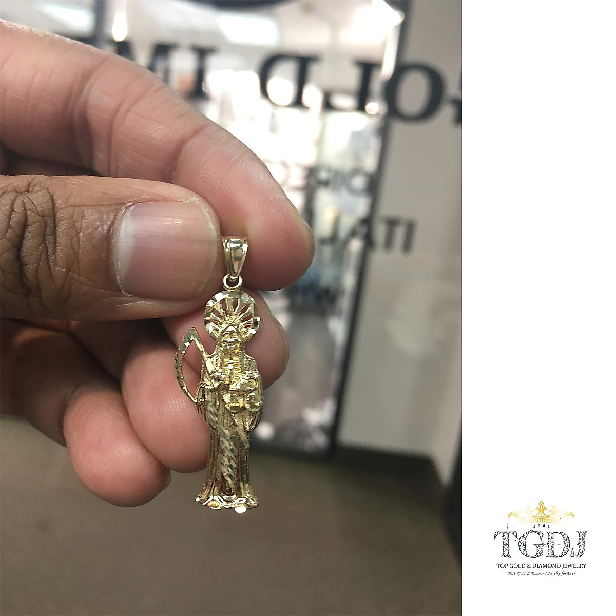 14k Yellow Gold Religious Santa Muerte Pendant - Height 30 MM Width 13 MM Avg. Weight 1.8 grams