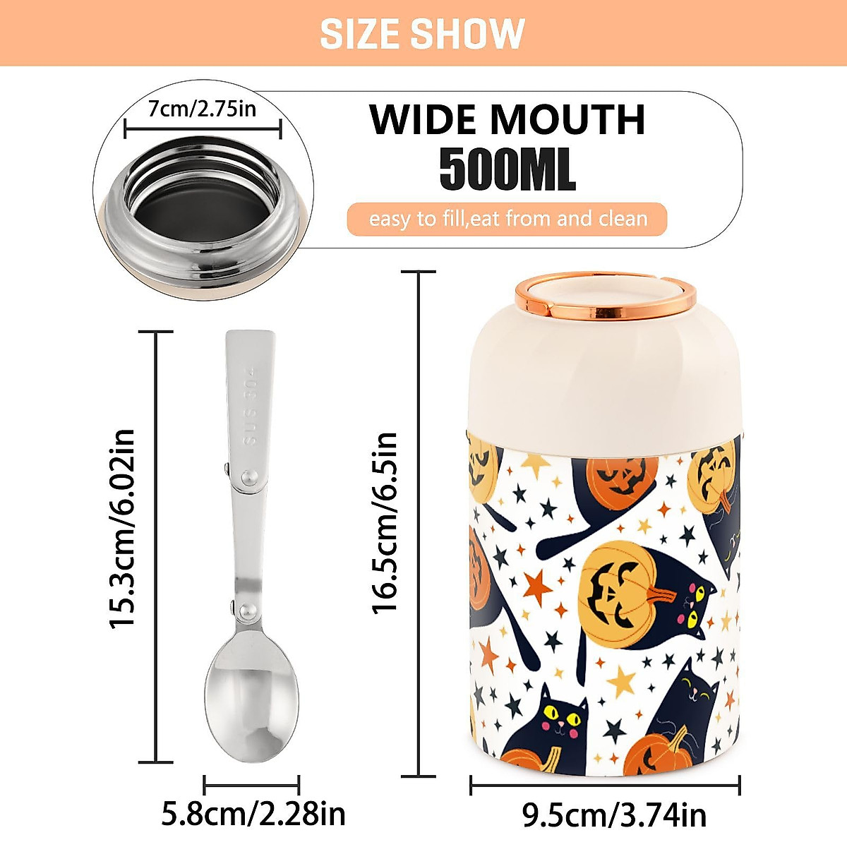 JUNZAN Halloween Cats Pumpkins Kids Womens Insulated Food Jar Container with Spoon 17oz/500ml Containers To Keep Food Hot Stainless Steel Vacuum Portable Thermal Containers for Short Travel