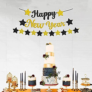 Famoby Black Gold Paper Happy New year Banner Shiny metallic texture Star Bunting for New year Party Decoration