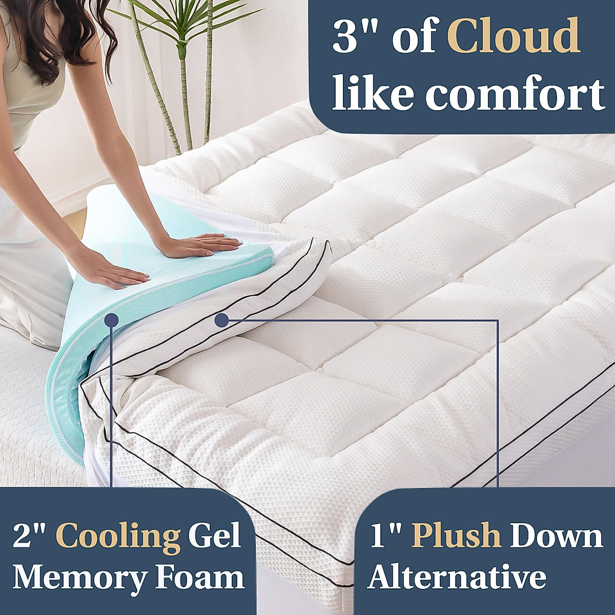 Bivetly Dual Layer 3 Inch Memory Foam Mattress Topper, 2 Inch Cooling Gel Memory Foam Plus 1 Inch Down Alternative Pillow Top Mattress Pad, Soft Elasticized Cover 18" Deep Pocket (Twin)