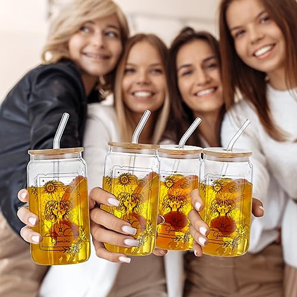 Uiifan 16 oz Zodiac Iced Coffee Glasses Beer Can Shaped Drinking Glasses Glass Cups with Lids and Straws Cleaning Brush Cute Drinking Jars Zodiac Gifts for Women Men Tea Soda (Gemini Style)