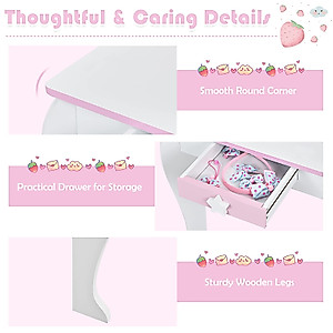 OLAKIDS Kids Vanity, 2 in 1 White Princess Wooden Table and Chair Set for Toddlers with Detachable Unicorn Mirror, Stool, Storage Drawer, Pretend Beauty Make Up Dressing Play Set for Girls Age 4-9