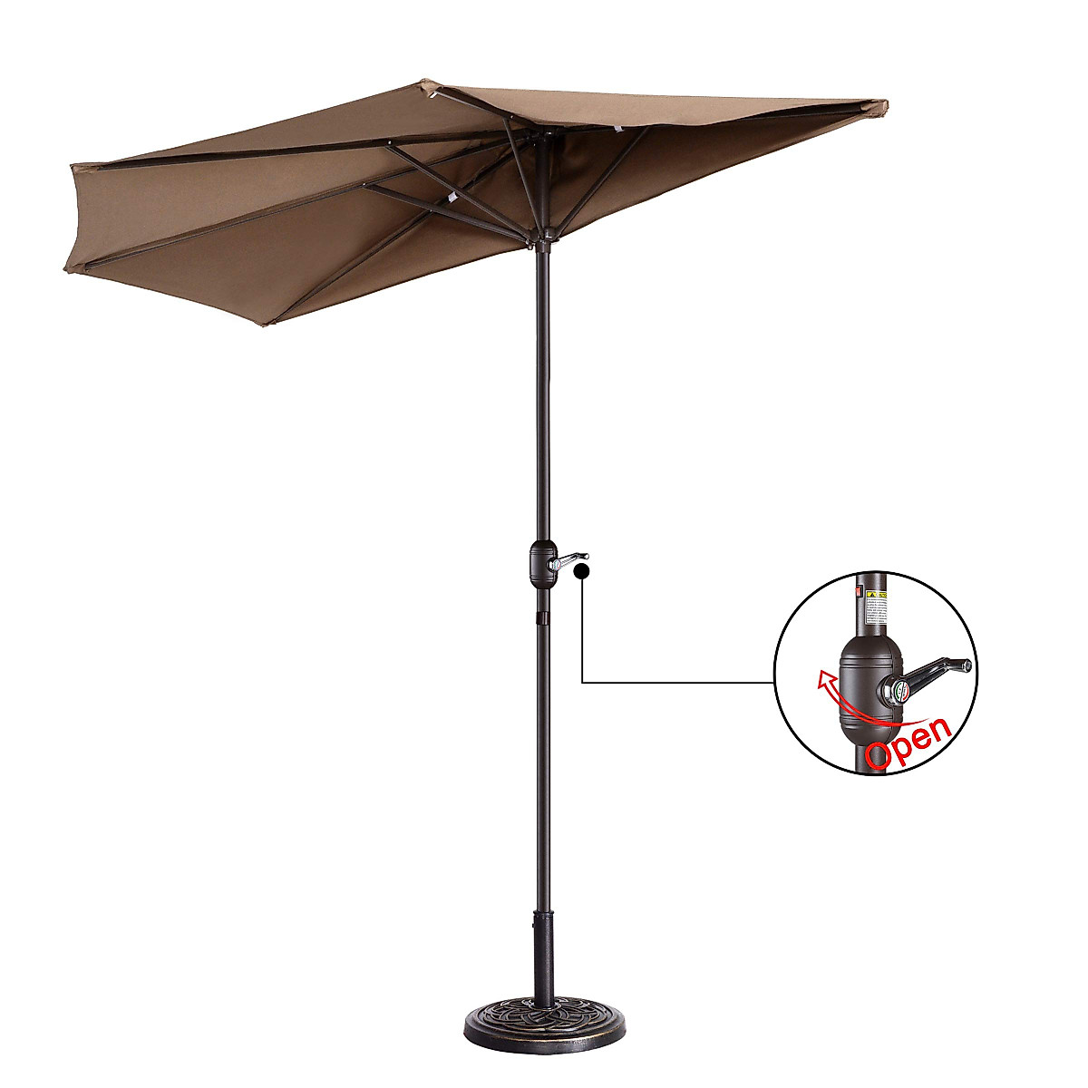Villacera 83-OUT5464 9' Outdoor Patio Half 5 Ribs Fade Resistant Condo or Townhouse Umbrella in Brown, Height: 7’ 11”. Canopy Diameter (Coverage Area): 9 ft