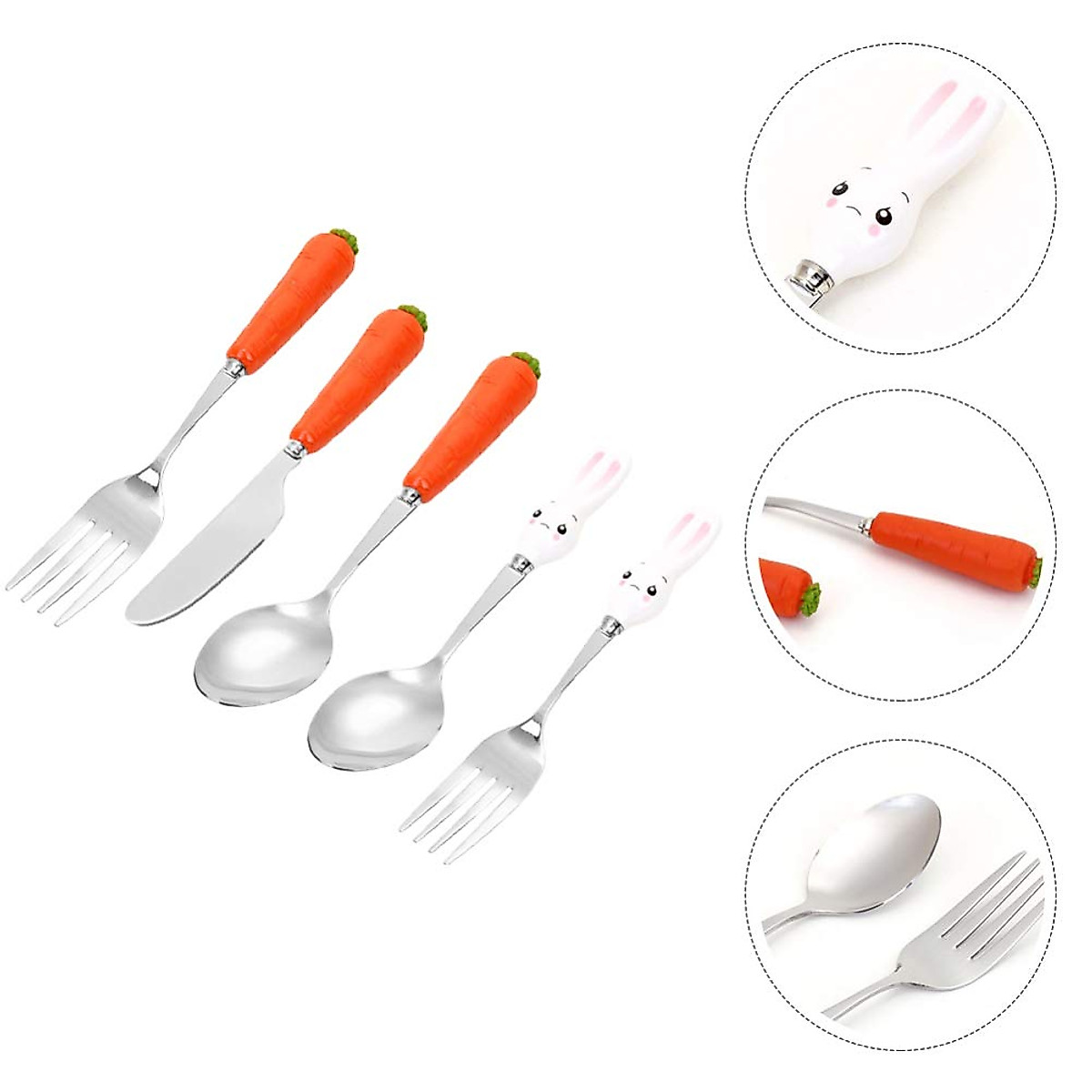 KESYOO 5PCS Stainless Steel Flatware Silverware Cutlery Set Easter Bunny Carrot Fork Spoon Eating Utensils Tableware with Ceramic Handle for Kids Home
