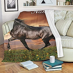 CUXWEOT Custom Blanket with Name Text Personalized Running Horse Soft Fleece Throw Blanket for Gifts (50 X 60 inches)