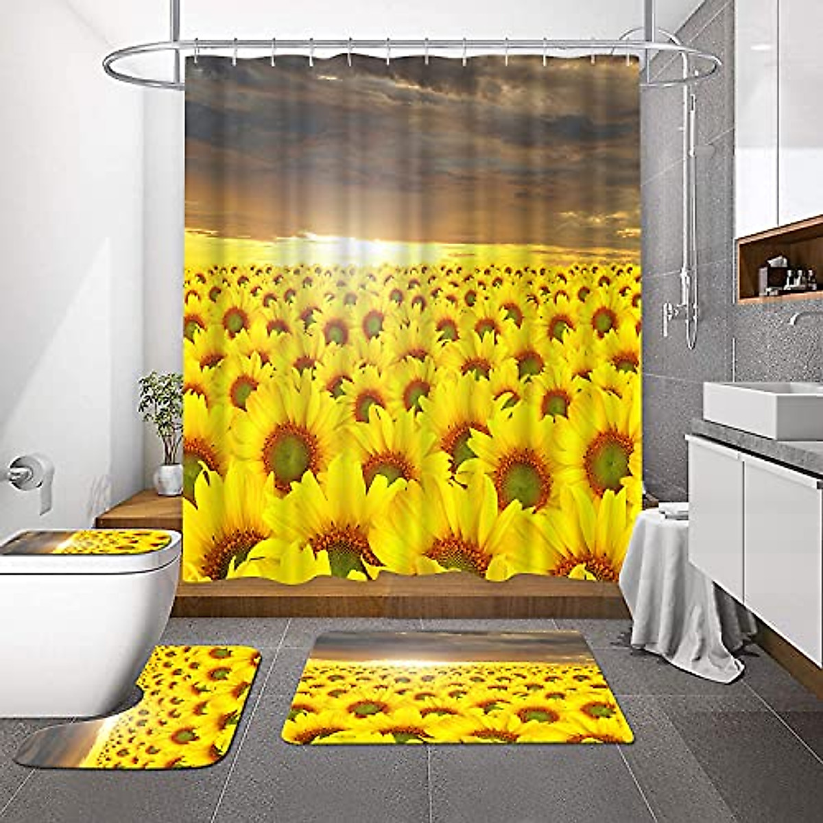 VividHome 4Pcs Sunflowers Shower Curtain Sets with Non-Slip Rugs Toilet Lid Cover and Bath Mat Yellow Floral in The Sunset Landscape Shower Curtains with 12 Hooks Waterproof Bathroom Accessories Set