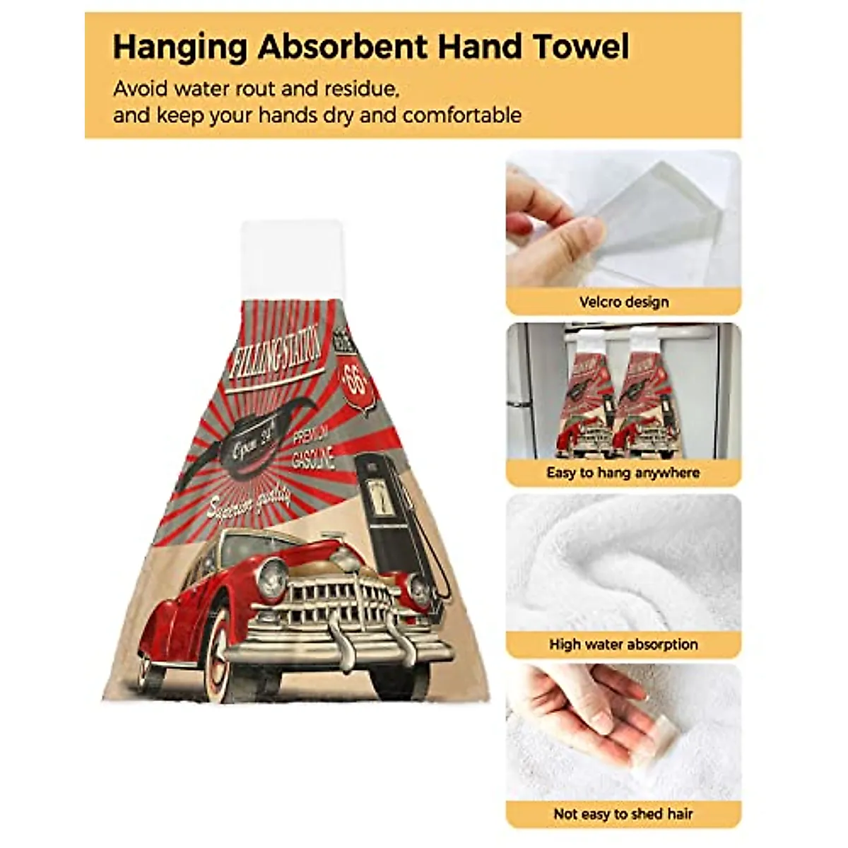 Krisyeol Hanging Kitchen Towel 1 Pcs Retro Filling Station Car Posters Soft Dish Towel Water Absorbent Hook and Loop Hand Towel for Bathroom Tea Bar Washroom Toilet Home Decor