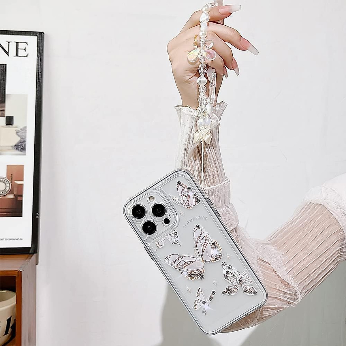 Casechics Compatible with iPhone Case,Luxury Crystal Clear Cute Bling Butterfly Wristband Strap Bracelet Chain Transparent Soft Shockproof Cover Phone Case (White,iPhone 15 Plus)