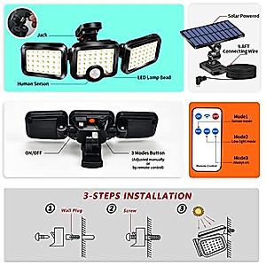 2 Pack Detachable Solar Security Lights, 3 Head Motion Sensor Lights With Remote Control 108 LED Rotatable Flood Lights IP65 Waterproof Outdoor Spotlights for Porch Garden Patio Yard Garage Pathway