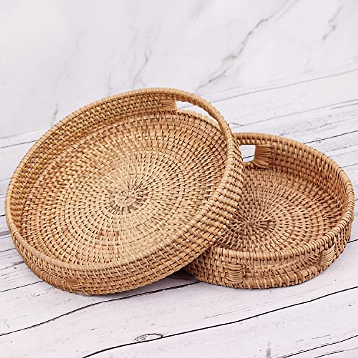 Rattan Round Serving Tray with Handles Large Hand Woven Wicker Basket Tray for Food,Dinner,Breakfast,Coffee Table,Ottoman (Set of 2)