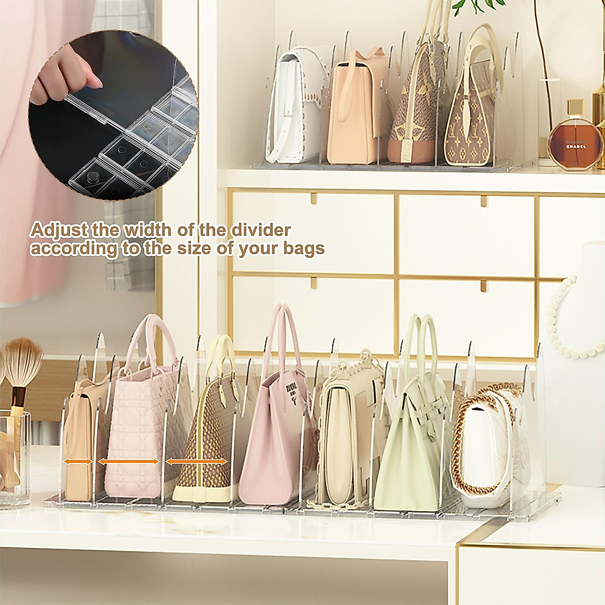 Purse Organizer for Closet, 8pcs Adjustable Clear Handbag Storage Organizer, Shelf Dividers for Closet Organization, Small Bookshelf Separator Bag Dividers for Bedroom, House, Office, Cabinet