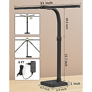AKRRYR LED Desk Lamp for Home Office, Double Head 24W with USB Charging Port & Wireless Charger, Architect Light 5 Lighting Brightness Flexible Gooseneck Table Reading Study, Black