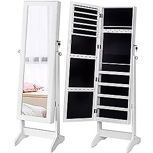 YOKUKINA Jewelry Cabinet Free Standing Large Storage Lockable Armoire, Full Length Dressing Mirror Organizer(White)