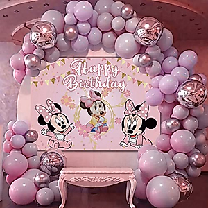 Cartoon Baby Mouse Backdrop Kids 1st 2nd Birthday Pink Mouse Theme Party Photography Backdrop Girls Baby Shower Cake Table Decoration Background (7x5ft)